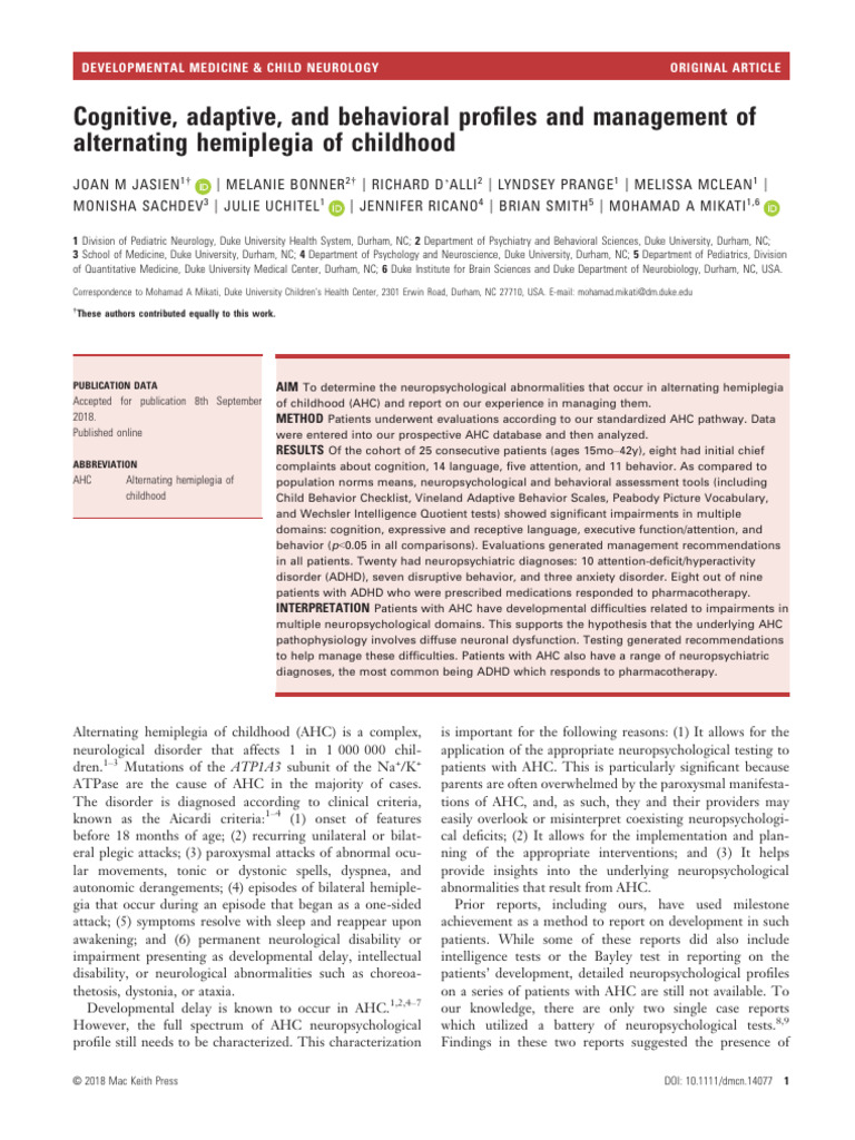 Cognitive, Adaptive, and Behavioral Profiles and Management of Alternating Hemiplegia of ...