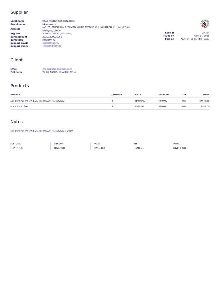KTAS RESOURCES SDN BHD - Receipt CH721 - 63341ba2a15a5 | PDF