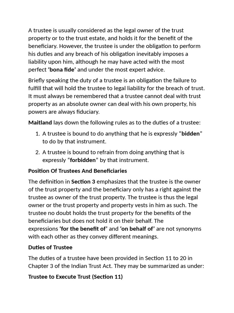 A Trustee Is Usually Considered As The Legal Owner of The Trust Property or To The Trust Estate ...