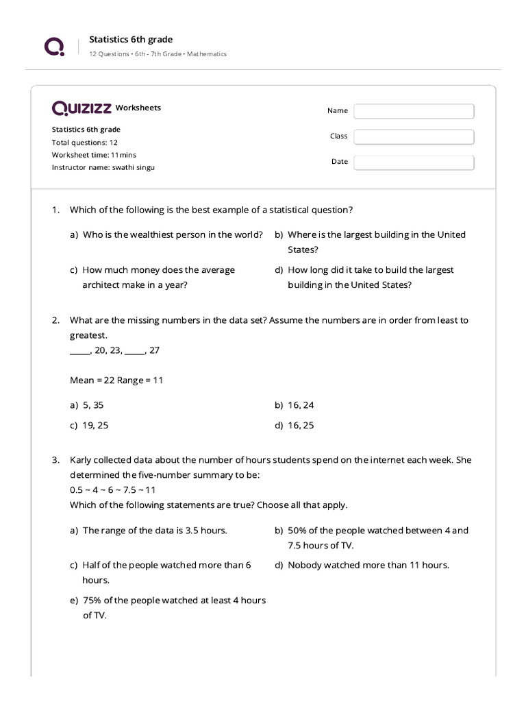 Quizizz - Statistics 6th Grade | PDF | Statistics