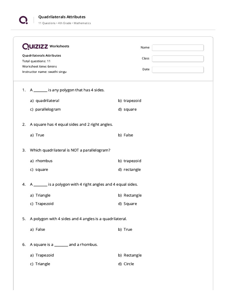 Quadrilateral Attributes Worksheet for Kids | PDF | Rectangle | Euclid