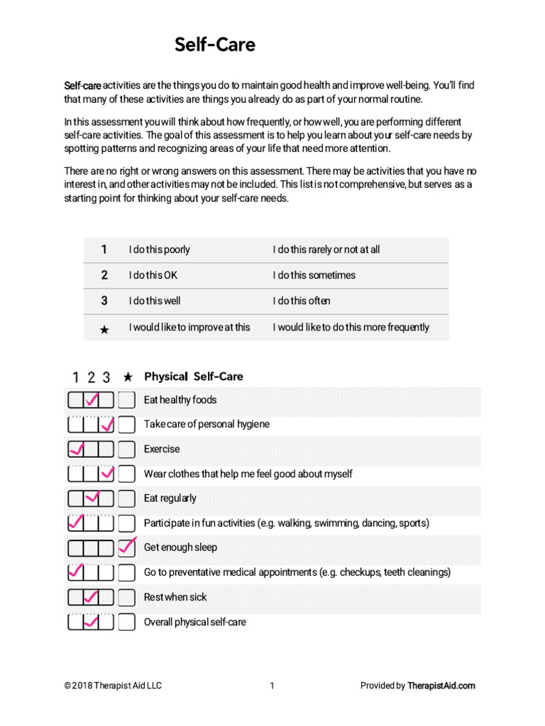 Self-Care Assessment Worksheet | PDF | Behavioural Sciences | Mental Health