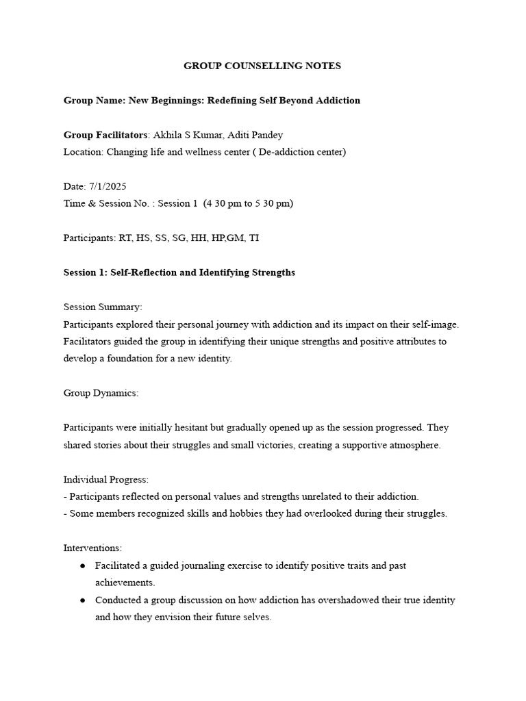 Group Counseling Prepared For DE ADDICTION CENTER CLIENTS | PDF | Goal ...