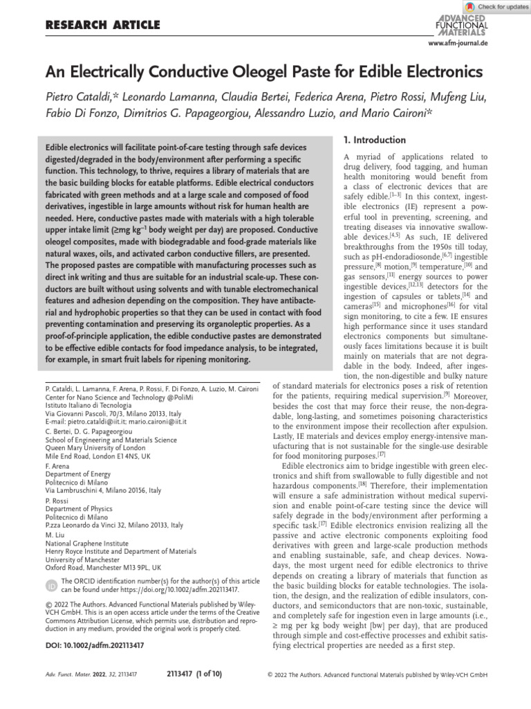 Adv Funct Materials - 2022 - Cataldi - An Electrically Conductive ...