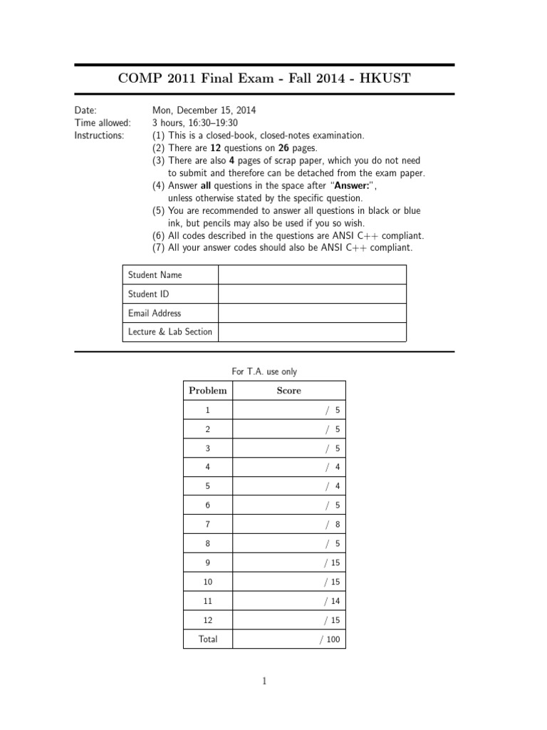 (COMP2011) (2014) (F) Final Ckhoag 85797 | PDF | Pointer (Computer Programming) | Namespace