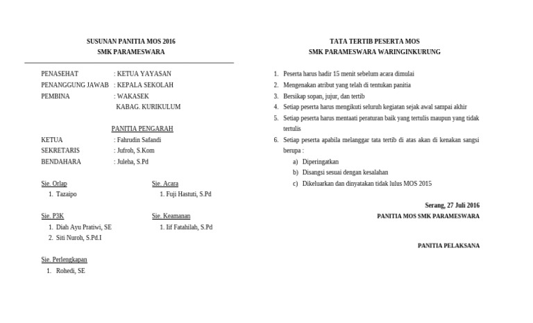 Susunan Panitia Mos 2015 | PDF