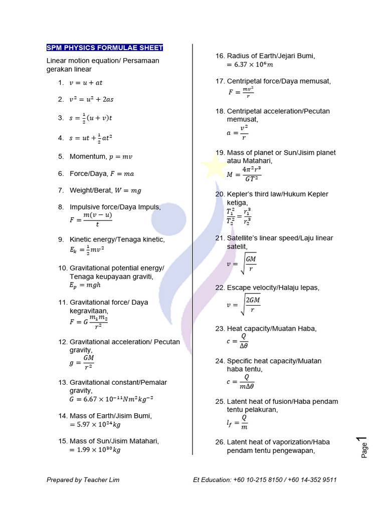 PHY SPM - Formulae Sheet (KSSM) | PDF | Force | Gravity