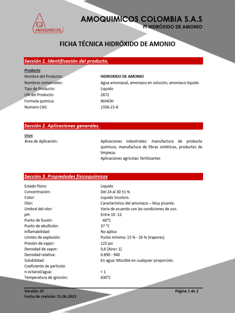 Ficha Tecnica Hidroxido de Amonio | PDF | Amoníaco | Química