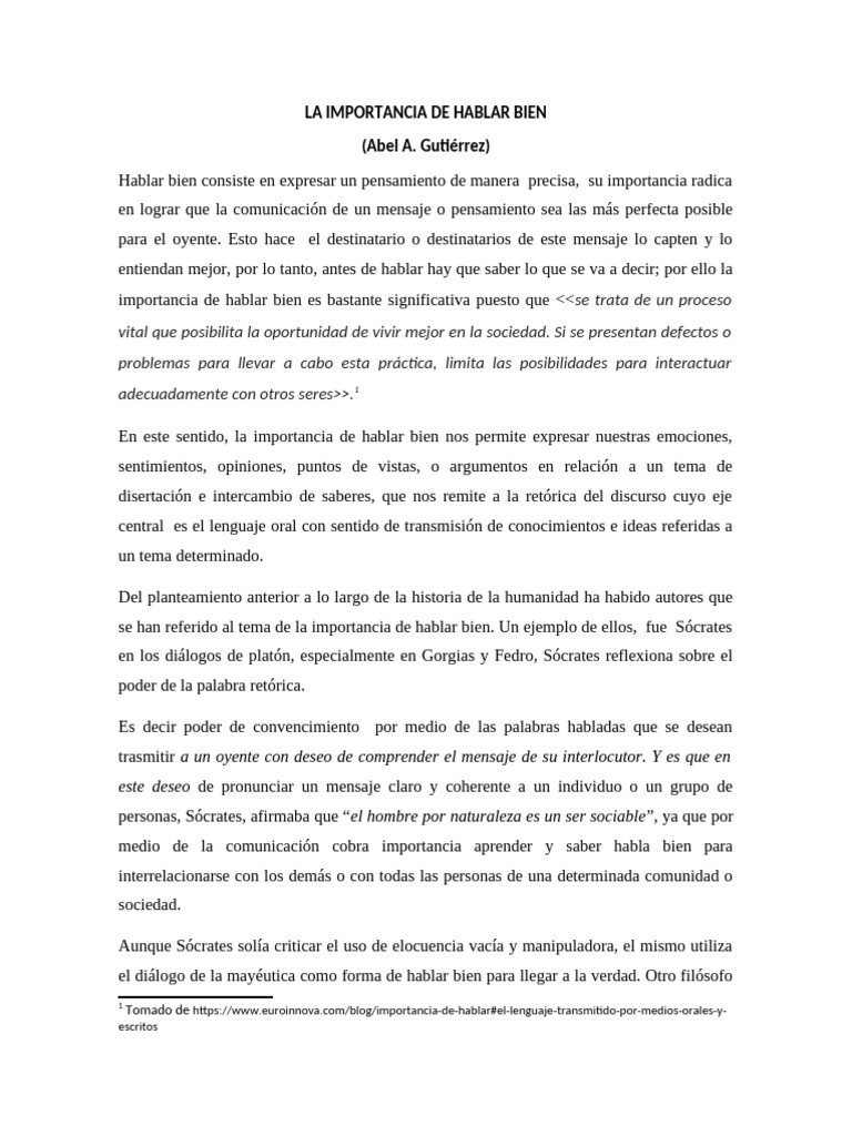 La Importancia De Hablar Bien Pdf Retórica Comunicación