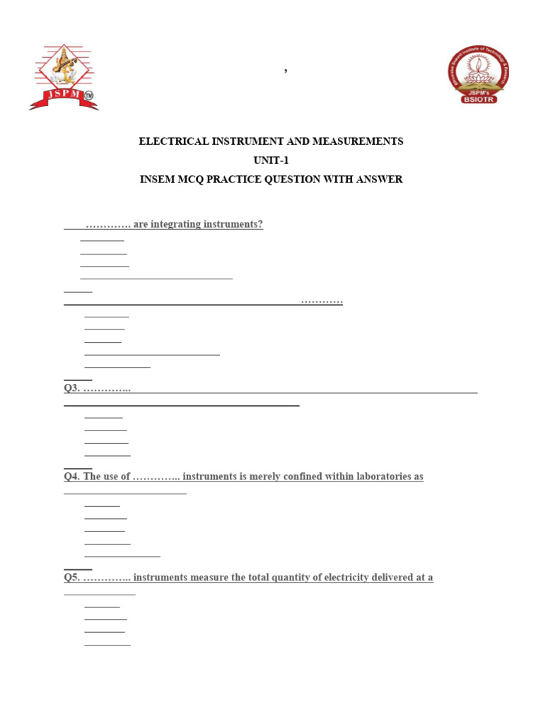 1.EMI Unit-1 INSEM MCQ PRACTICE WITH ANSWER | PDF | Observational Error | Transformer