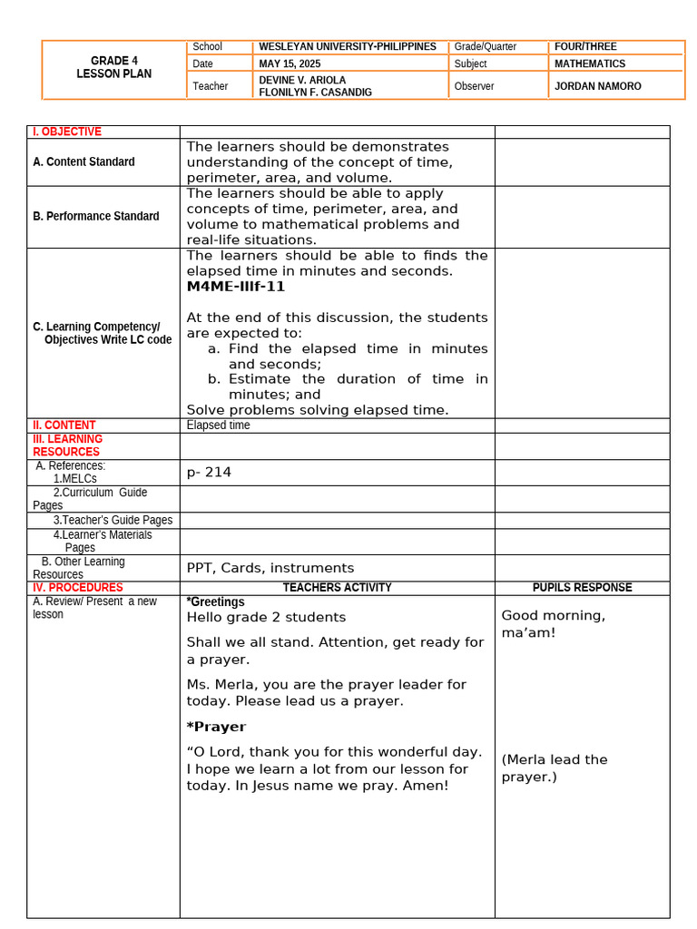 Grade 4 Math Lesson Plan: Elapsed Time | PDF