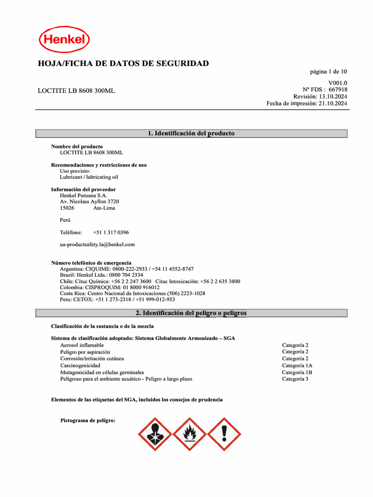 Hoja de Seguridad Loctite LB 8608 | PDF | Agua | Dióxido de carbono