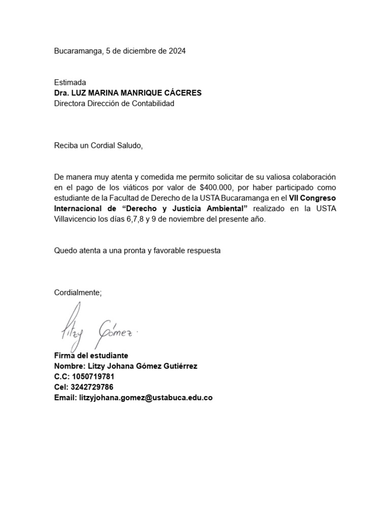 Carta de Viaticos Estudiante | PDF