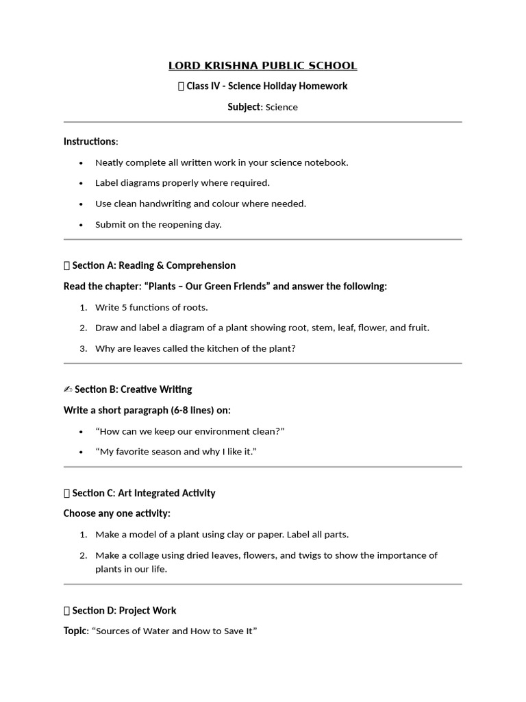 Class 4 Holiday Homework | PDF