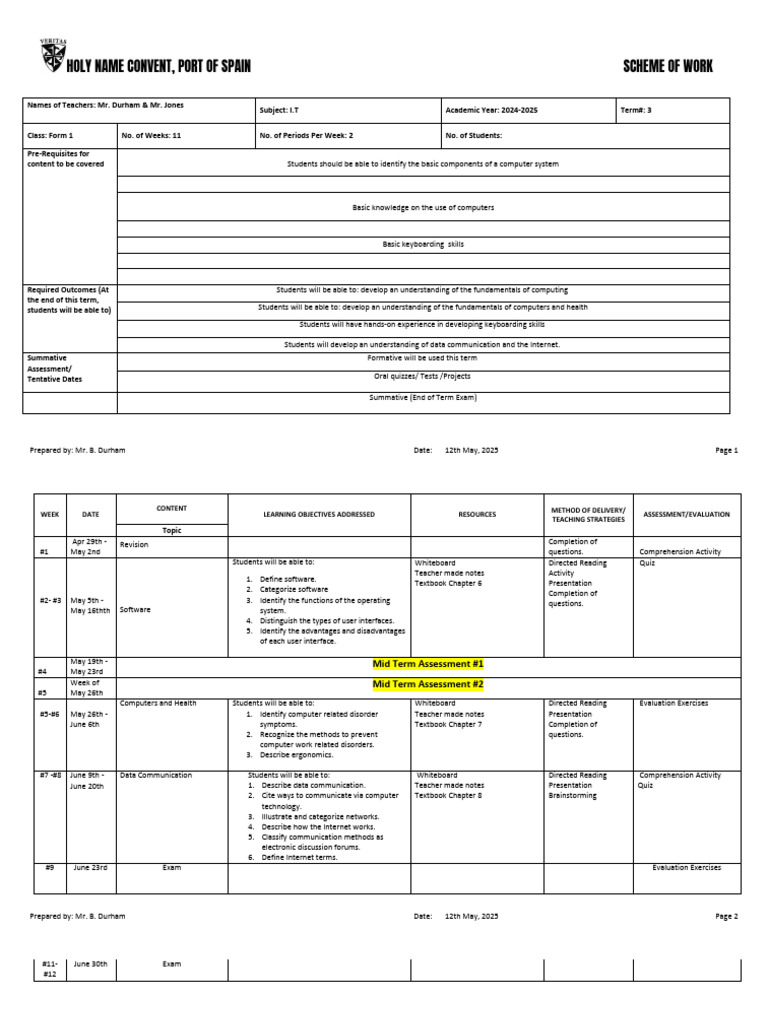 I.T Scheme of Work for Form 1 Students | PDF | Educational Assessment ...