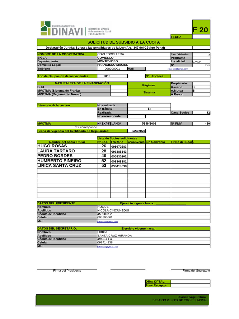 Coop Formulario Nº20 de Solicitud de Subsidio 0 | PDF
