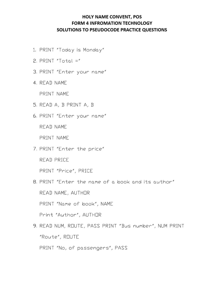 Soluions To Pseudocode Practice Questions | PDF
