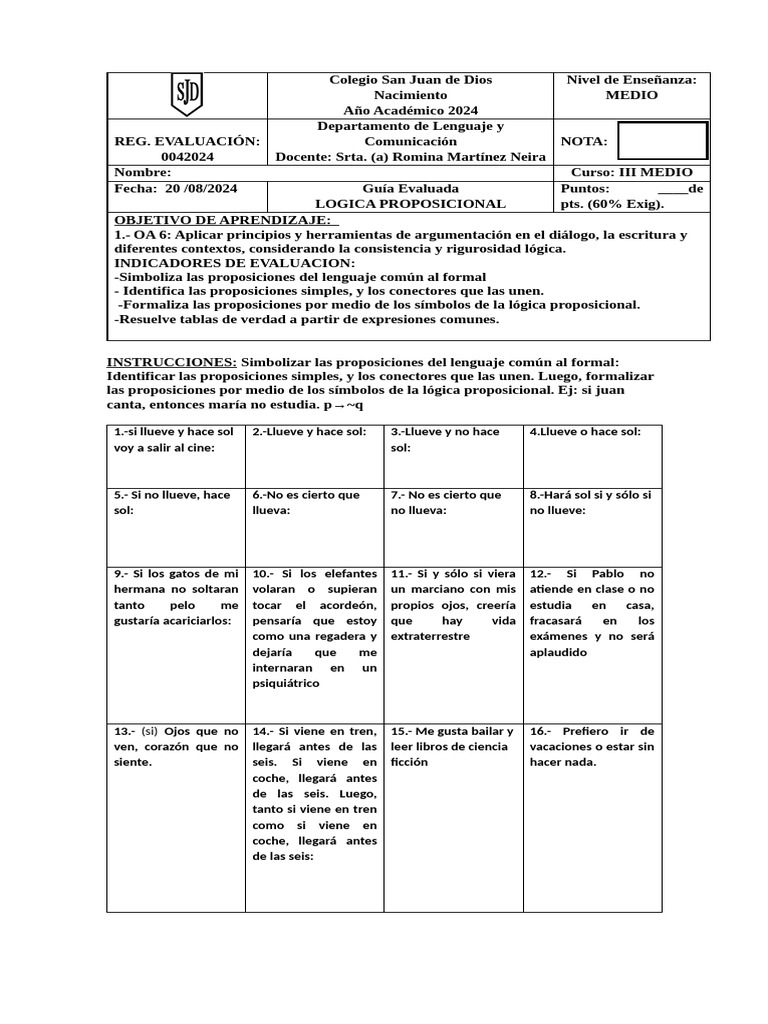 Fila A GUIA EVALUADA. | PDF | Proposición | Lógica matemática