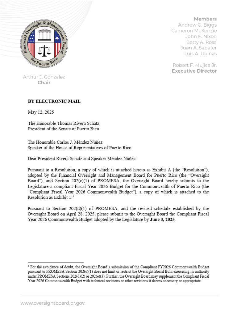 FOMB - Letter - Legislative Assembly - FY26 Commonwealth Budget ...