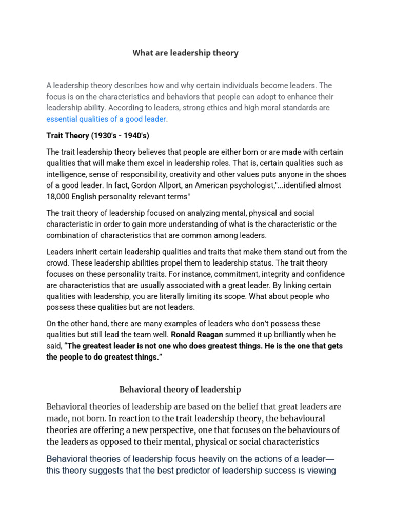 What Are Leadership Theories and Types For Final | PDF | Leadership ...