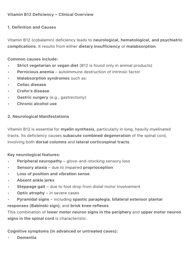 Vitamin B12 Deficiency - Clinical Overview | PDF | Vitamin B12 | Anemia