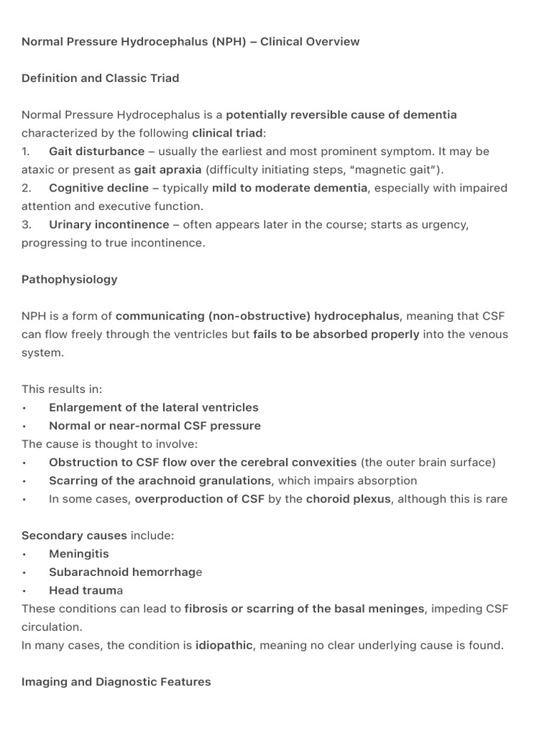 Normal Pressure Hydrocephalus (NPH) – Clinical Overview | PDF | Cerebrospinal Fluid | Nervous System