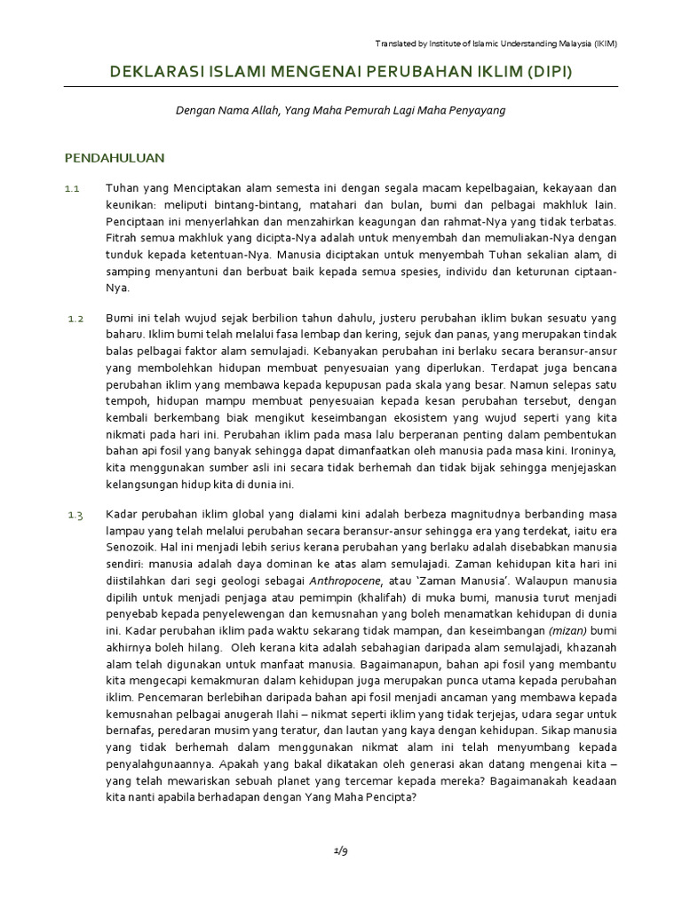 Deklarasi Islami Mengenai Perubahan Iklim (Dipi) : Pendahuluan | PDF