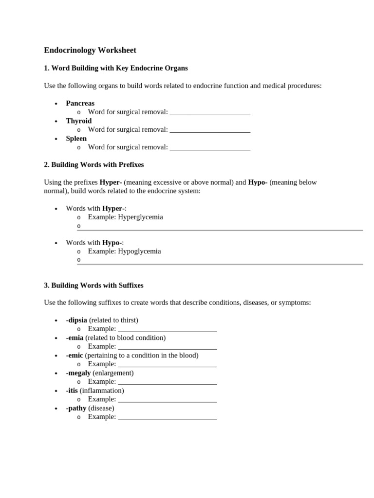 Endocrinology Word Building Worksheet | PDF | Diabetes | Hyperglycemia