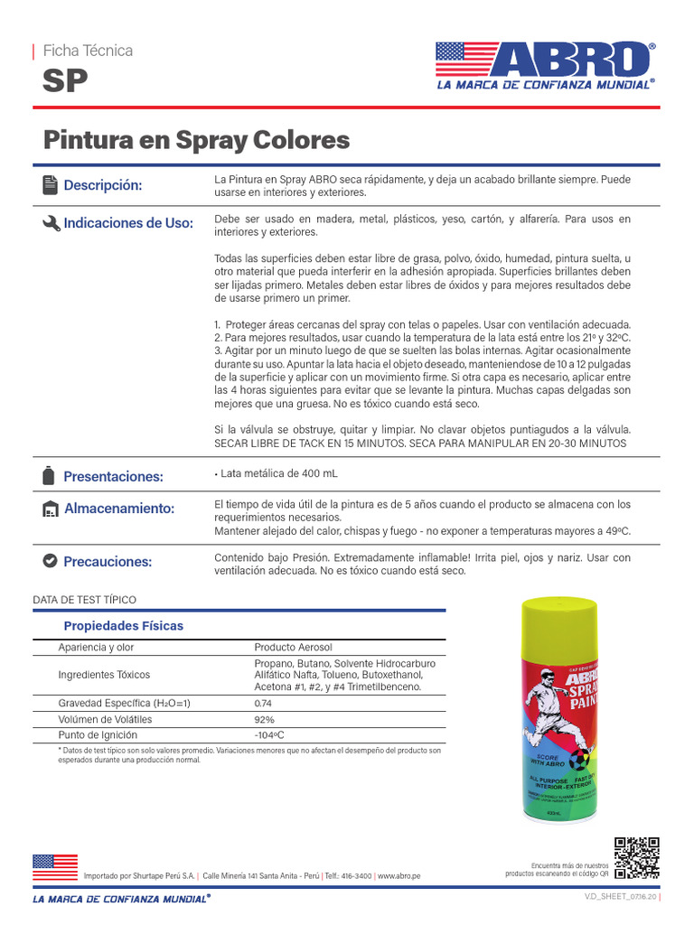ABRO - FICHA TECNICA - Pintura Spray Colores | PDF | Pintar ...