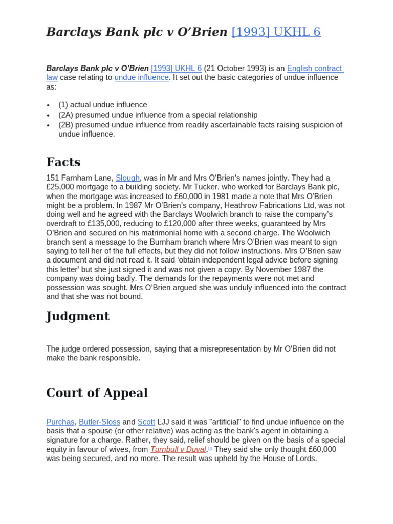 Barclays Bank PLC V O'Brien | PDF | Common Law | Private Law