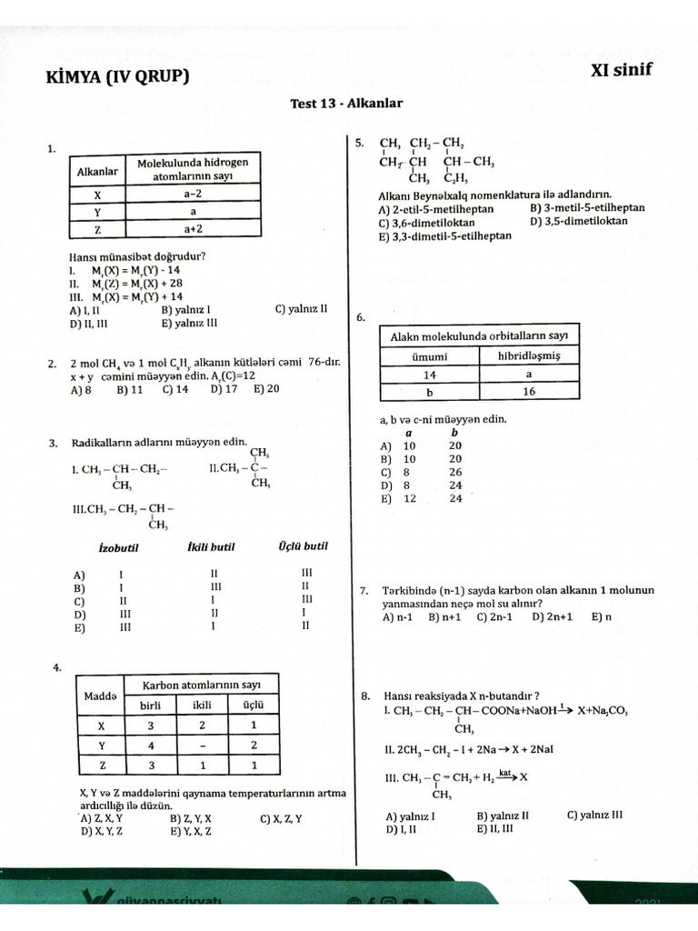 4-Cü Qrup. Quiz 13. Alkanlar. | PDF