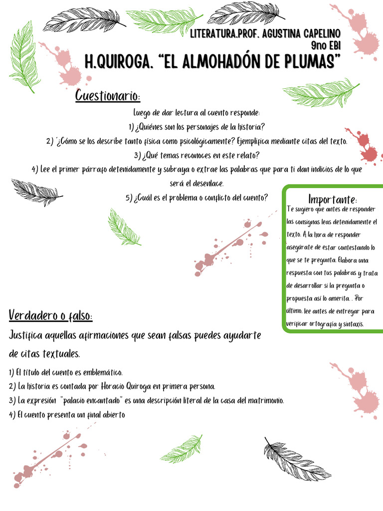 Cuestionario sobre "El almohadón de plumas" | PDF