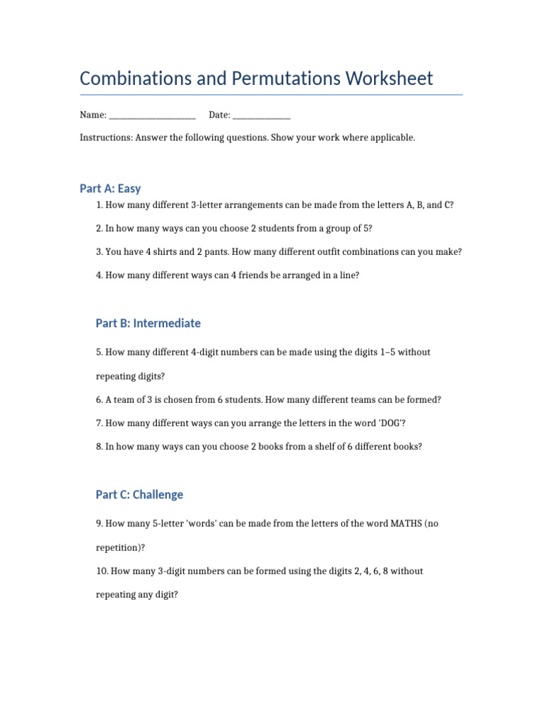 Combinations Permutations Worksheet Grade6 | PDF