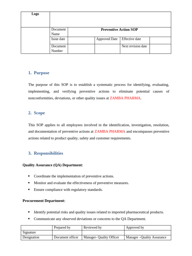Preventive Action SOP | PDF | Quality Assurance | Risk