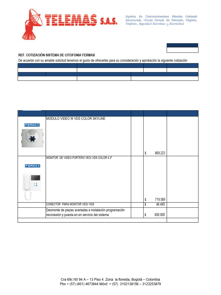 Cotización Sistema Citofonía Fermax | PDF | Tecnología de información y ...