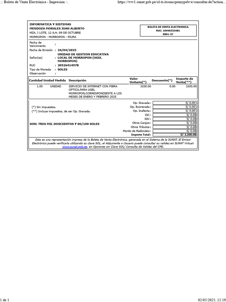 Boleta de Venta Electrónica - Impresion - . | PDF
