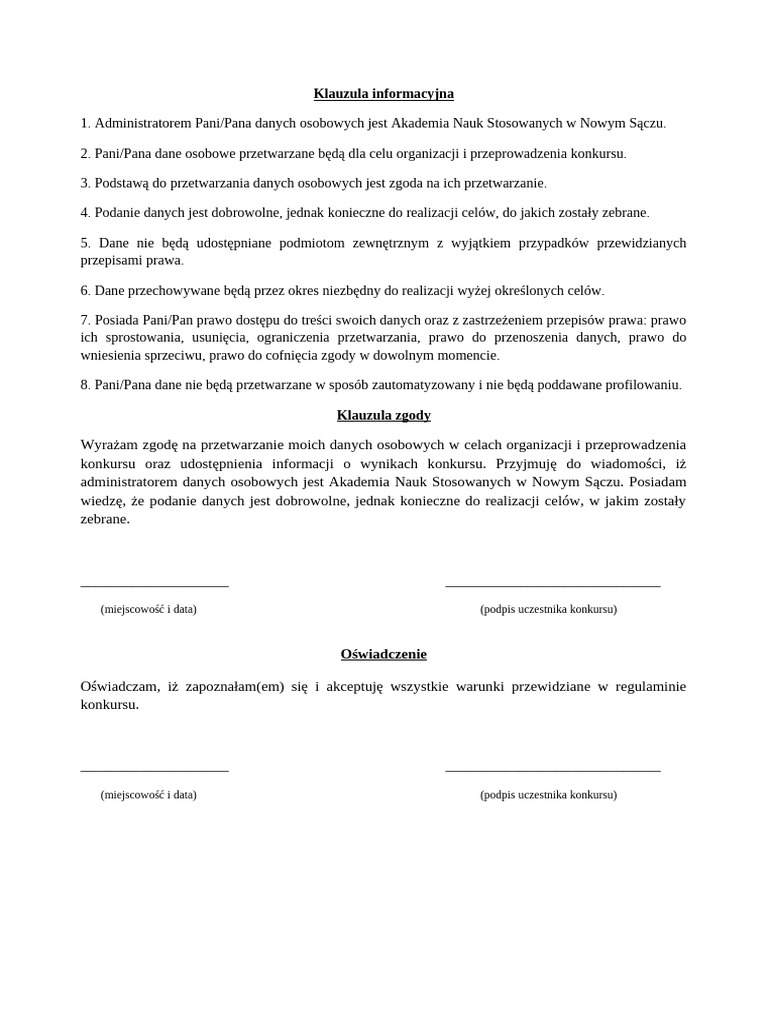Klauzula Oświadczenie Rodo | PDF