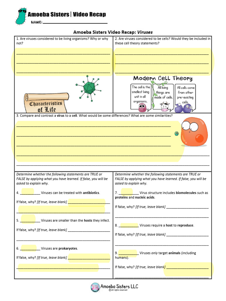 Amoeba Sisters: Viruses Recap Worksheet | PDF | Virus | Cell (Biology)