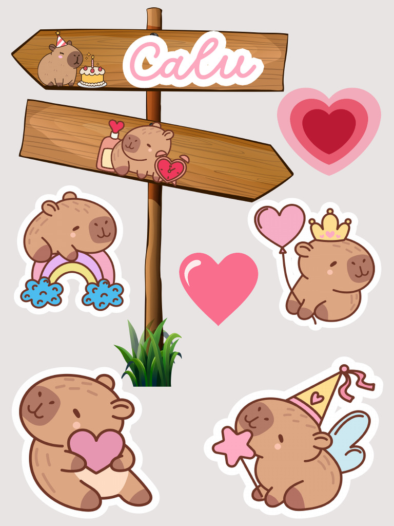 Documento A4 Plancha de Stickers Capibara Ilustrado Rosa | PDF