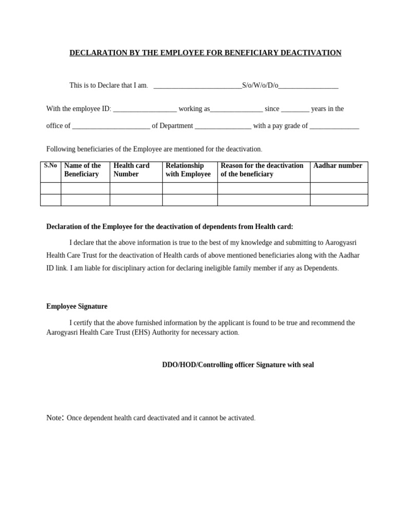 Declaration Form by the Employee for Beneficiary Deactivation | PDF
