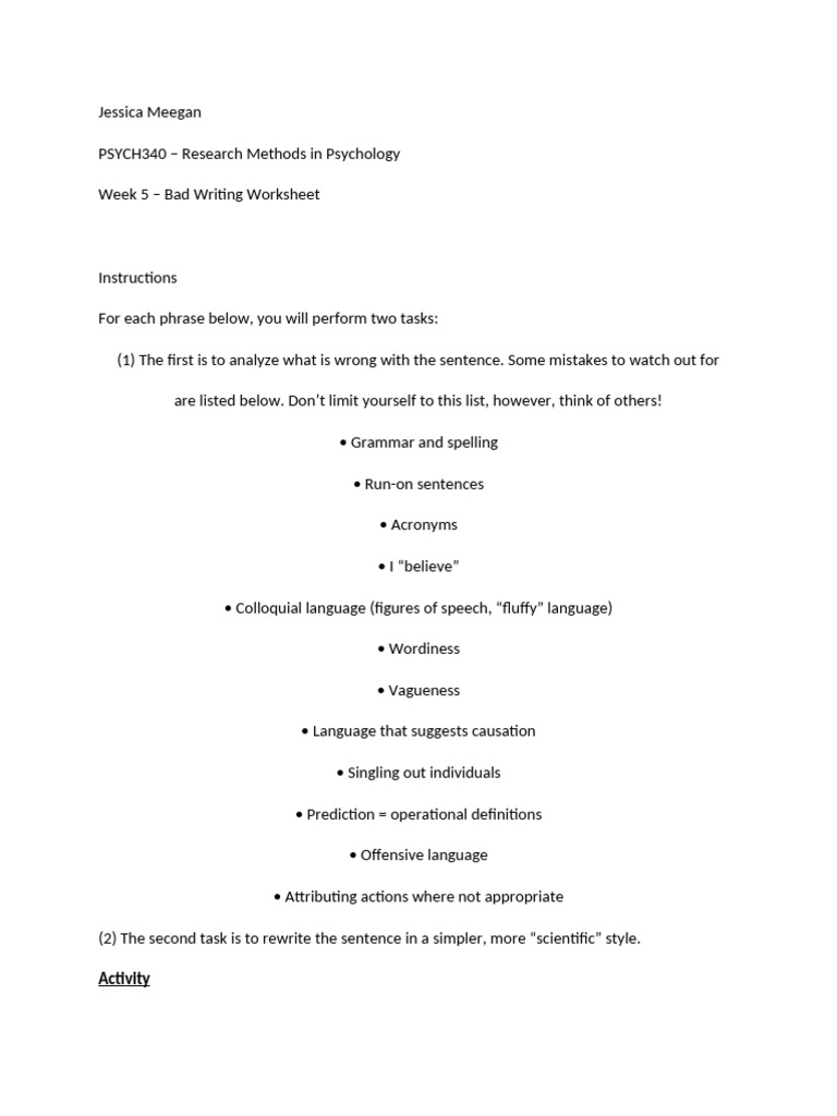 Week 5 - Bad Writing Worksheet | PDF | Mental Disorder | Reinforcement