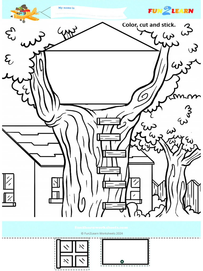 Color Cut and Paste Worksheet House Window Door Tree Treehouse f2l | PDF