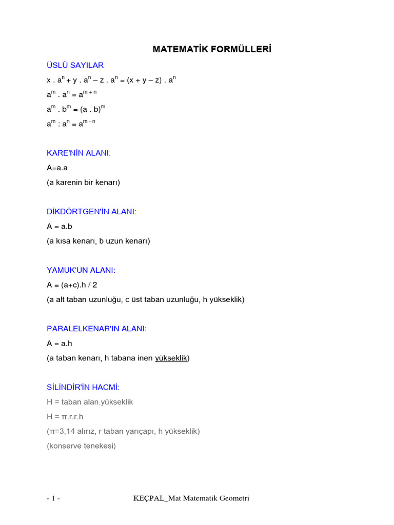 Matematik Formulleri | PDF