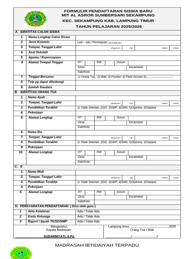 contoh formulir pendaftaran siswa baru PPDB 2019-2020 EMISSIMPATIKAZONE.COM | PDF