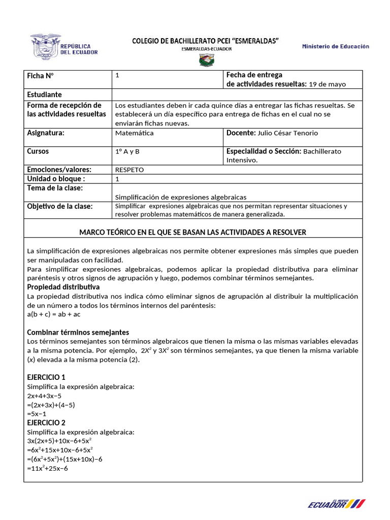 Ficha #1 Matematica 1° A - 1° B 2025 | PDF | Fórmula | Matemáticas