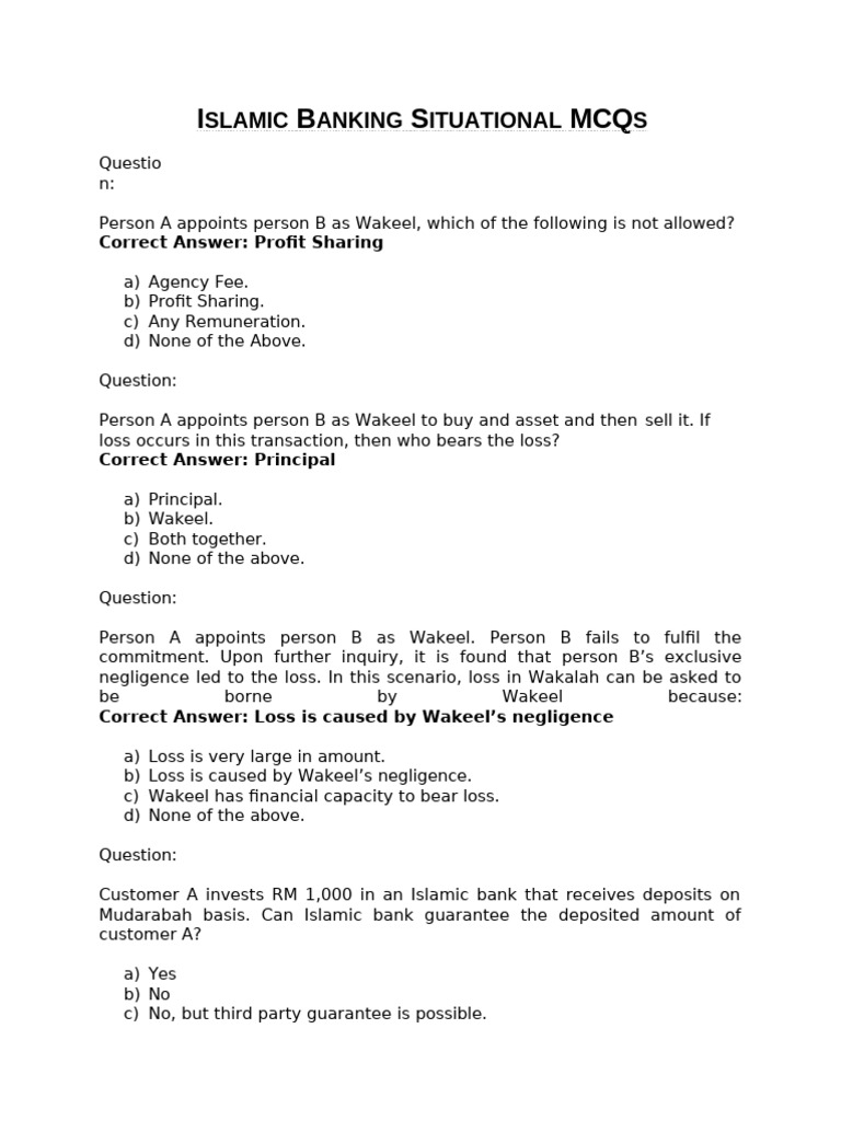 Islamic Banking MCQs and Scenarios | PDF | Islamic Banking And Finance ...
