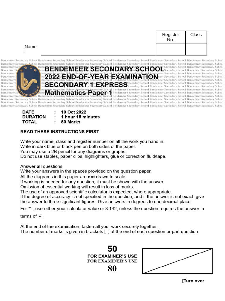 2022 Sec 1E EOY Math Paper 1 QP | PDF | Area | Numbers