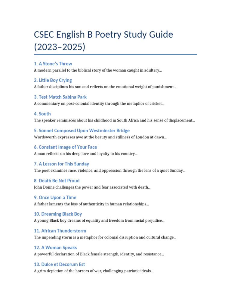 CSEC Poetry Study Guide 2023 2025 | PDF