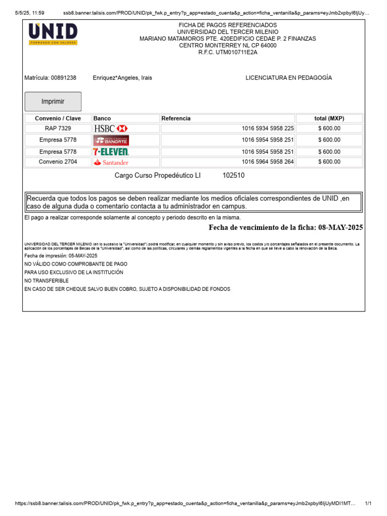 Imprimir: Convenio / Clave Banco Referencia Total (MXP) | PDF