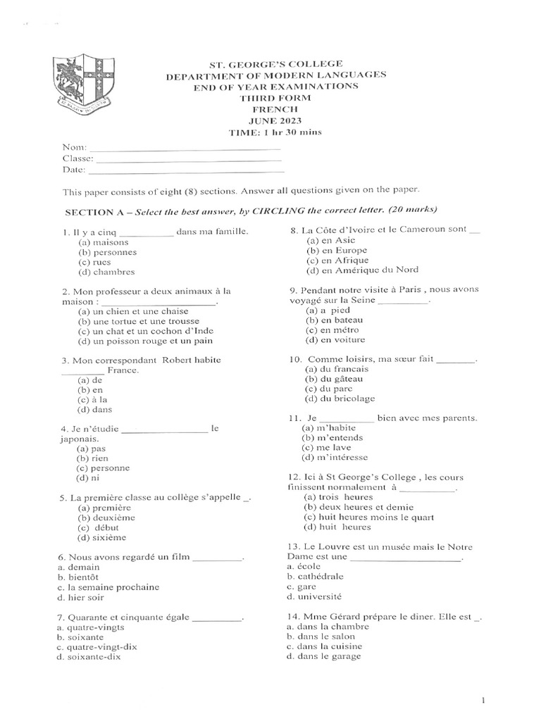 French - 3rd Form - 2023 | PDF